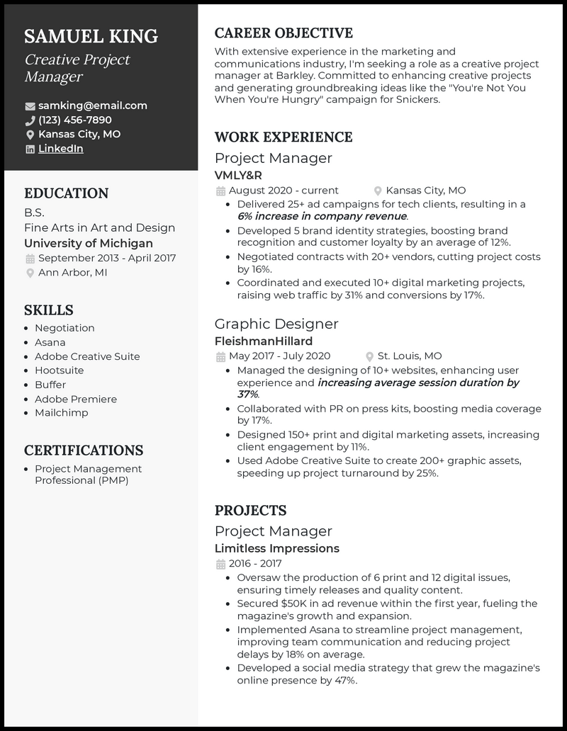 3 Creative Project Manager Resume Examples for 2023 3 Creative Project Manager Resume Examples for 2023